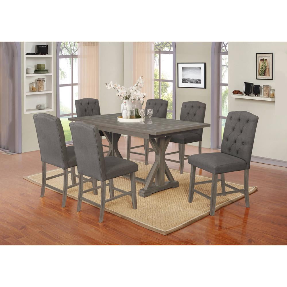 7pc Rustic Wood Counterheight Dining Set with Table and Gray Linen ...
