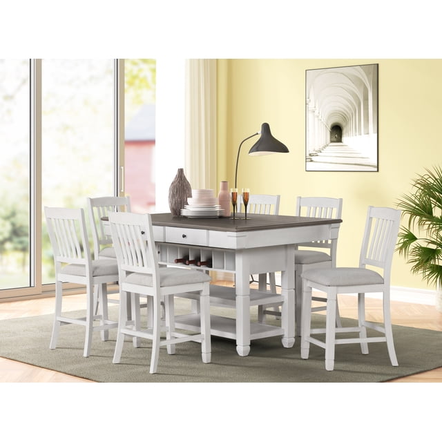 7pc White Gray Counter Height Dining Set Storage Table Upholstered ...