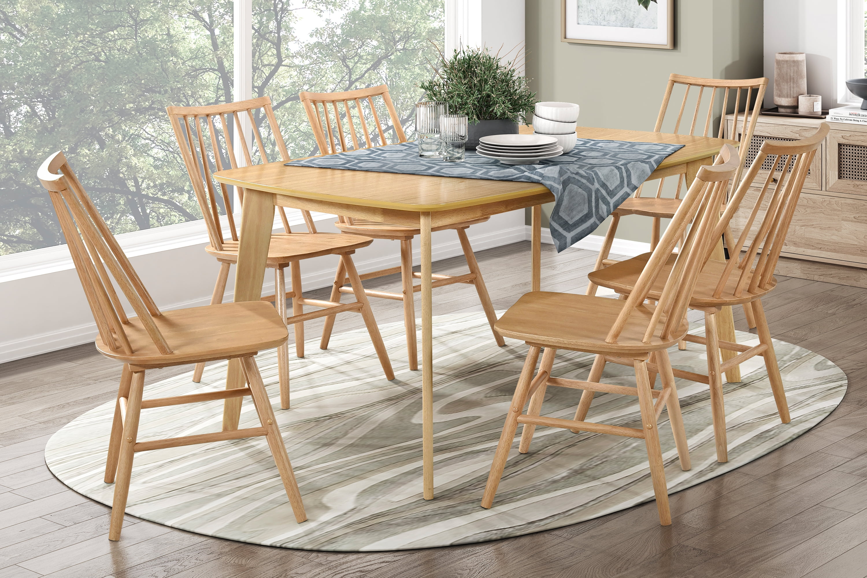 7pc Wooden Dining Kitchen Set Table and 6 Side Chairs Curved Backrest ...