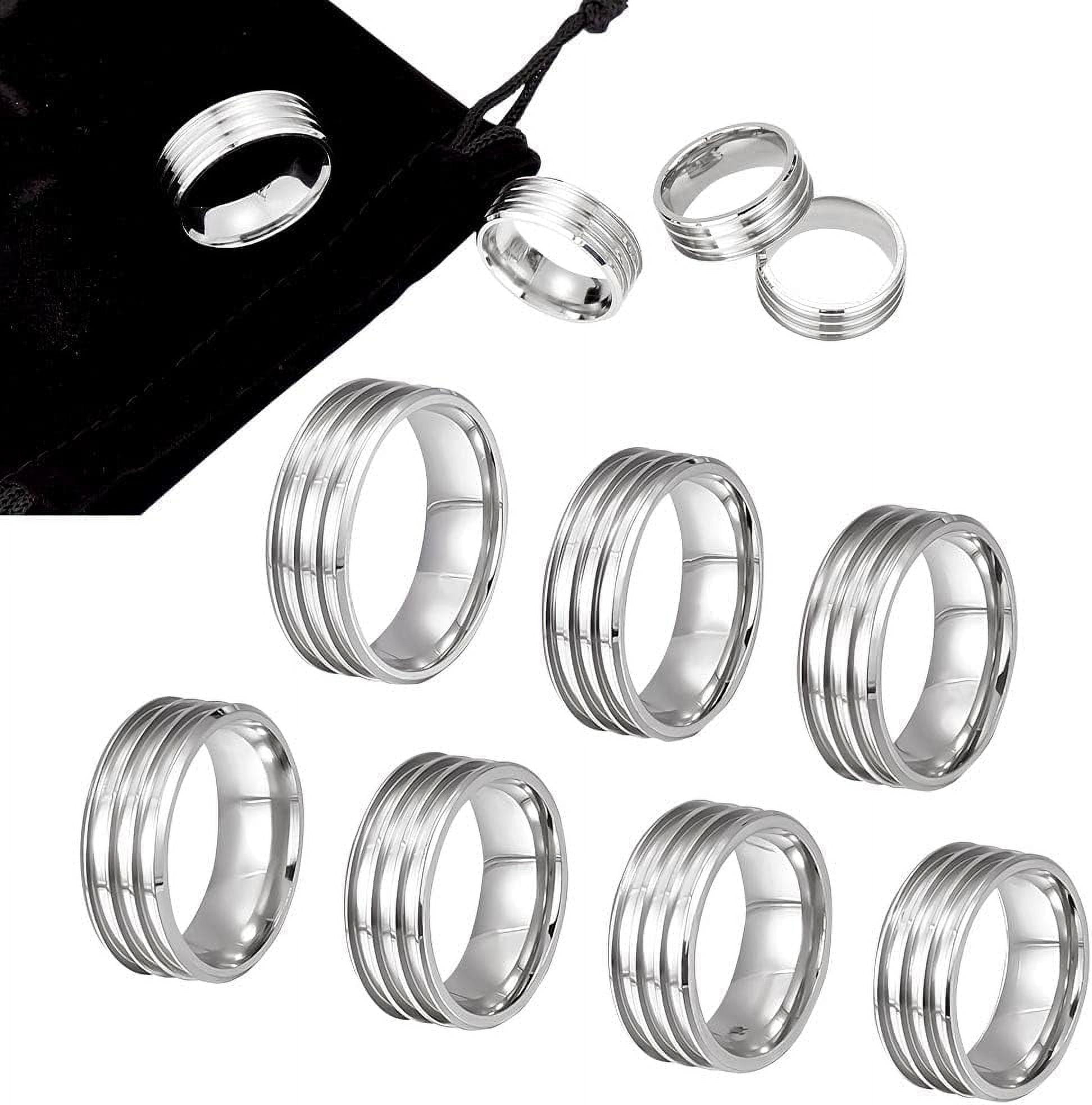 7pcs 7 Sizes Stainless Steel Triple Grooved Blank Core Ring with Velvet ...