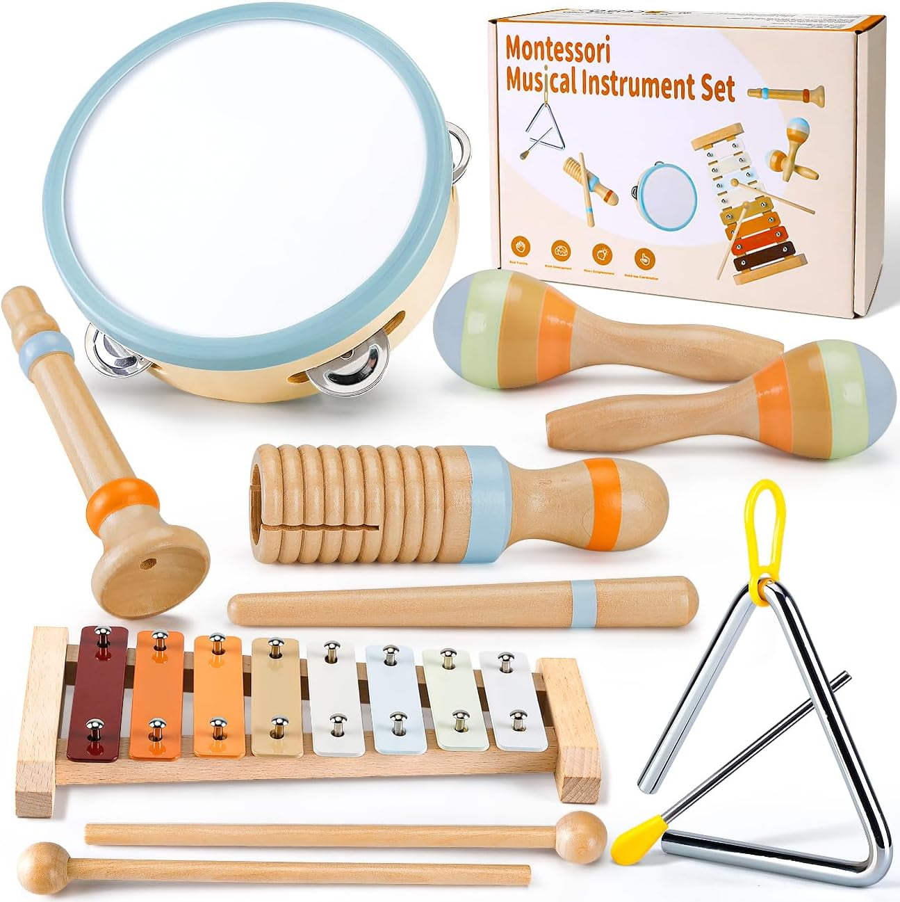 7pcs Baby Musical Instruments Set, Montessori Wooden Toys for Toddlers ...