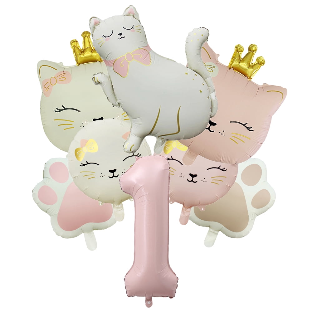 7pcs Cartoon Crown Cat Head Paw Foil Balloon Animal Round Balloon Baby ...