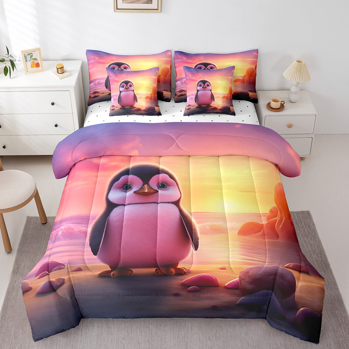 7pcs Cartoon Penguin Twin Comforter Set for Kids Boys Girls Beach ...