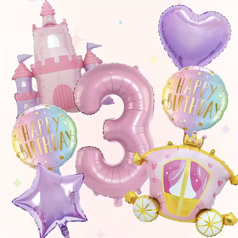 7pcs Castle Princess Car Balloon Set with 32-inch Pink Number Balloons ...