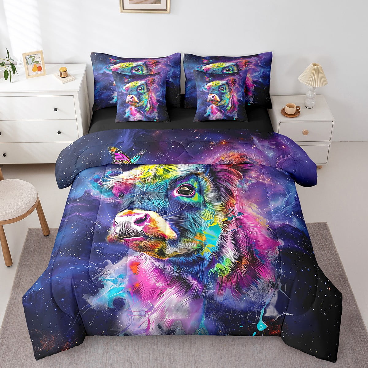 7pcs Highland Cattle Bedding Twin Purple Galaxy Comforter Set, Blue ...