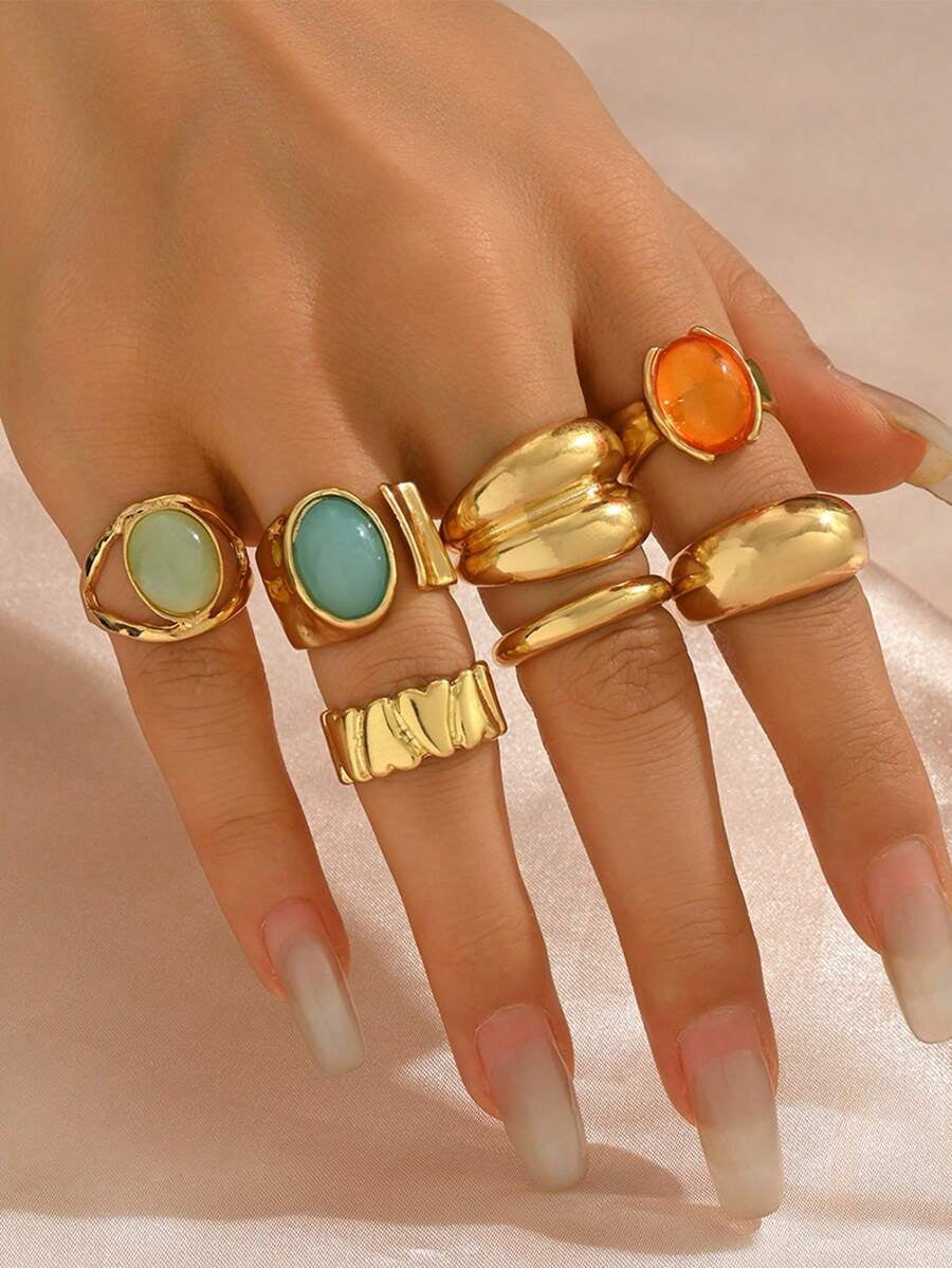 7pcs Multicolor Goldtone Thick Layered Ring Set With Green Blue Orange ...