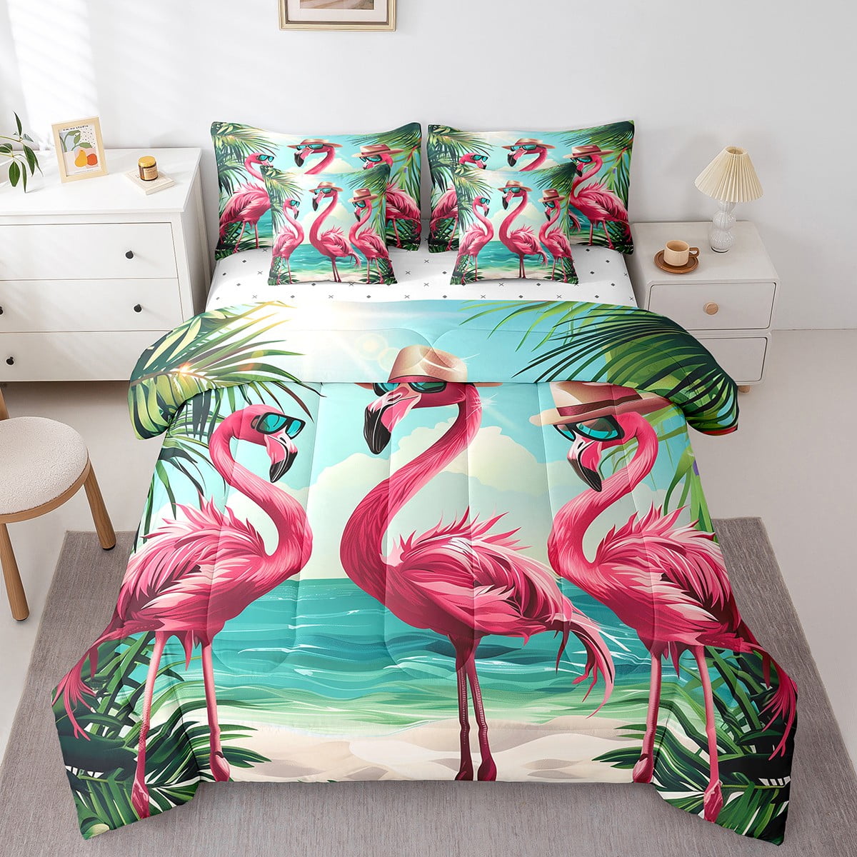 7pcs Pink Flamingo Twin Comforter Set for Girls Boys Summer Beach ...
