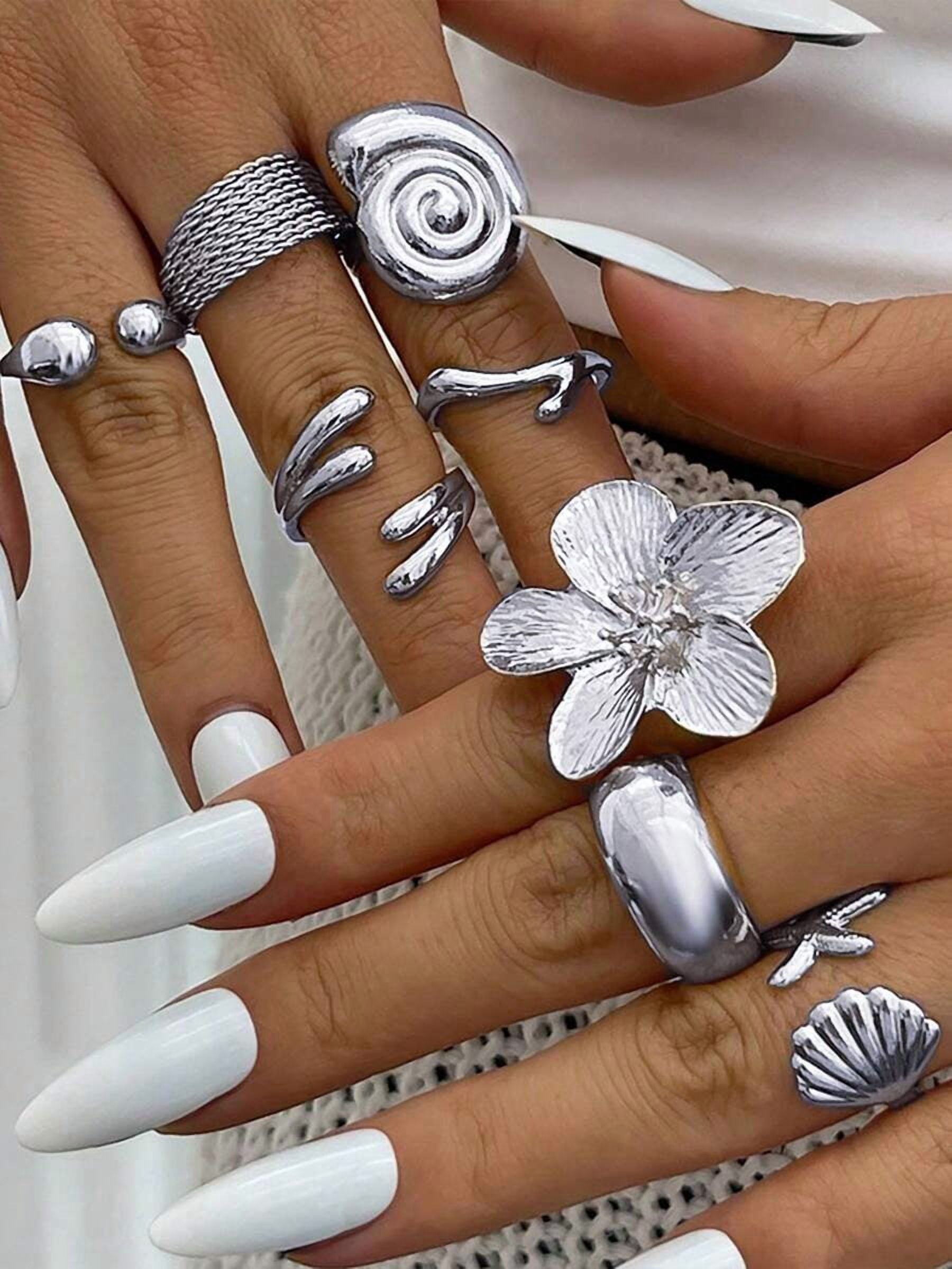 7pcs Silver Tone Thick Layered Ring Set With Flower Shell Spiral & Mesh ...