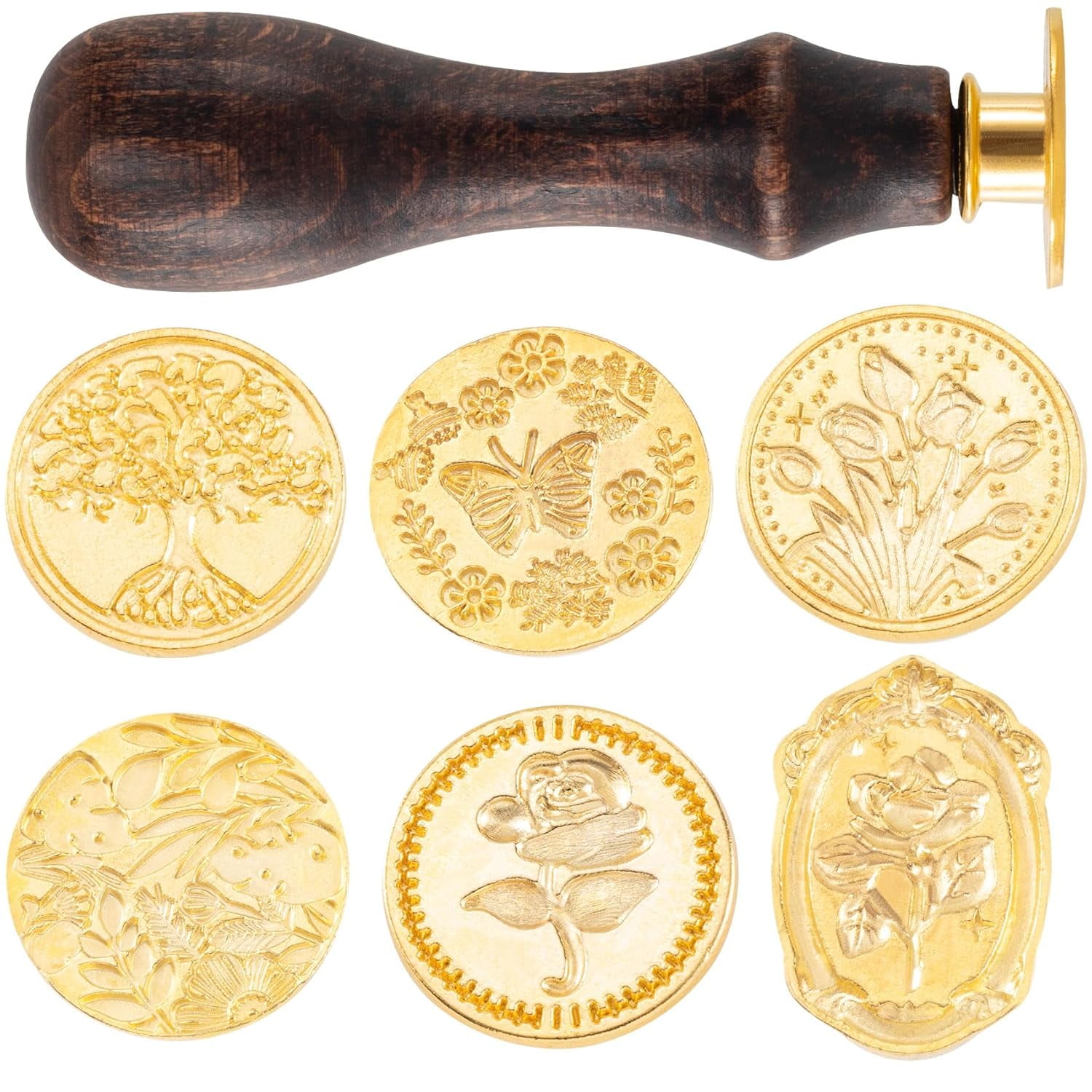 7pcs Wax Seal Stamp Kit, Brass Gold Sealing Wax Stamps Head and Wooden ...