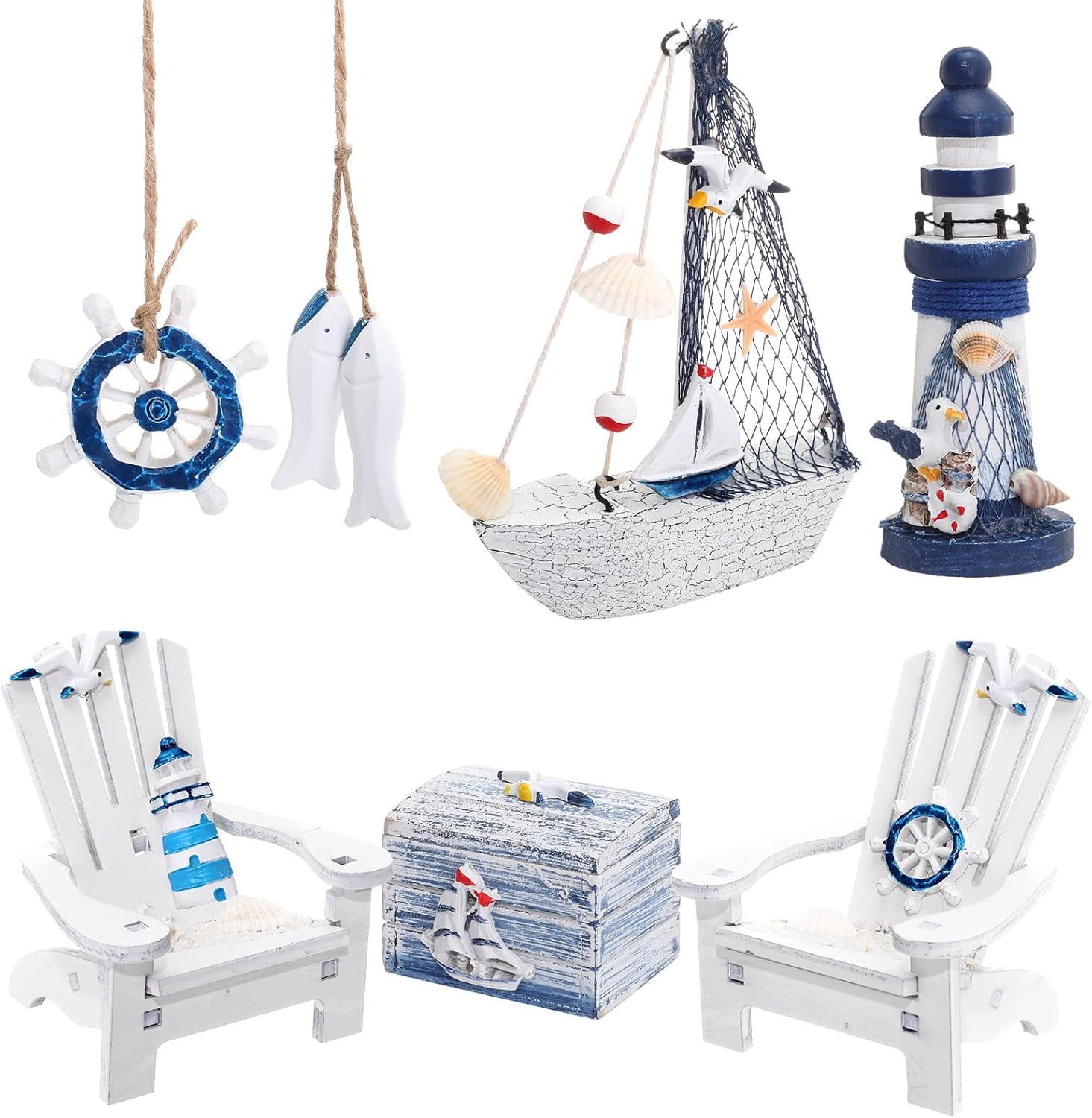 7pcs Wooden Box Lighthouse Mini Sailboat Anchor Fish Hanging Starfish ...