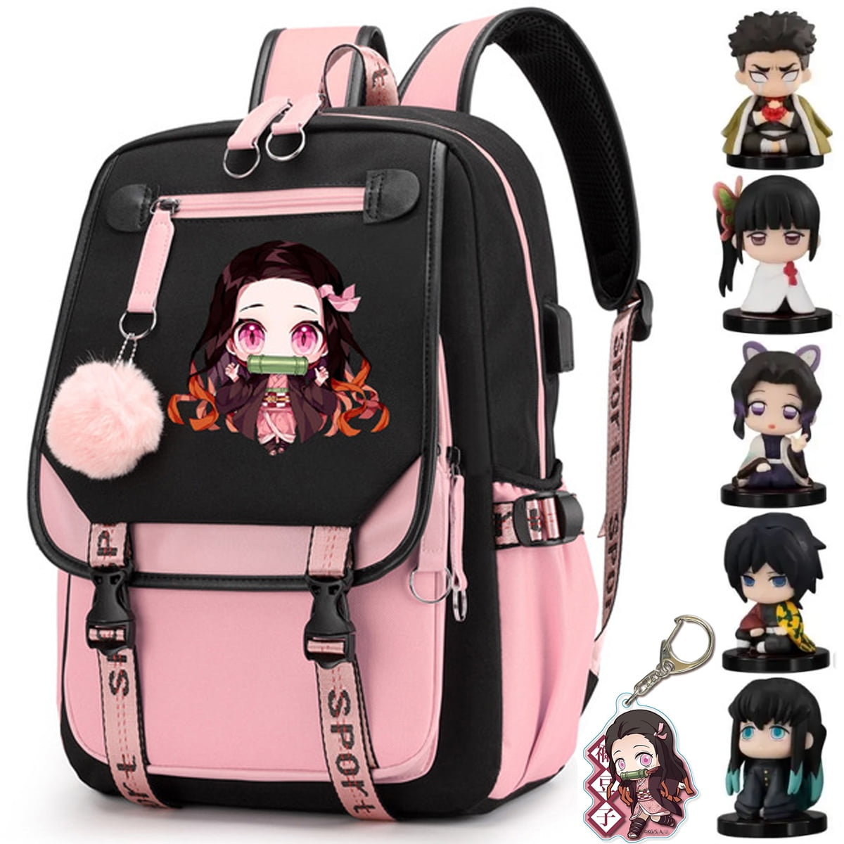 7pcs/kit Nezuko Backpack with USB Charging Port, Bookbag - Walmart.com