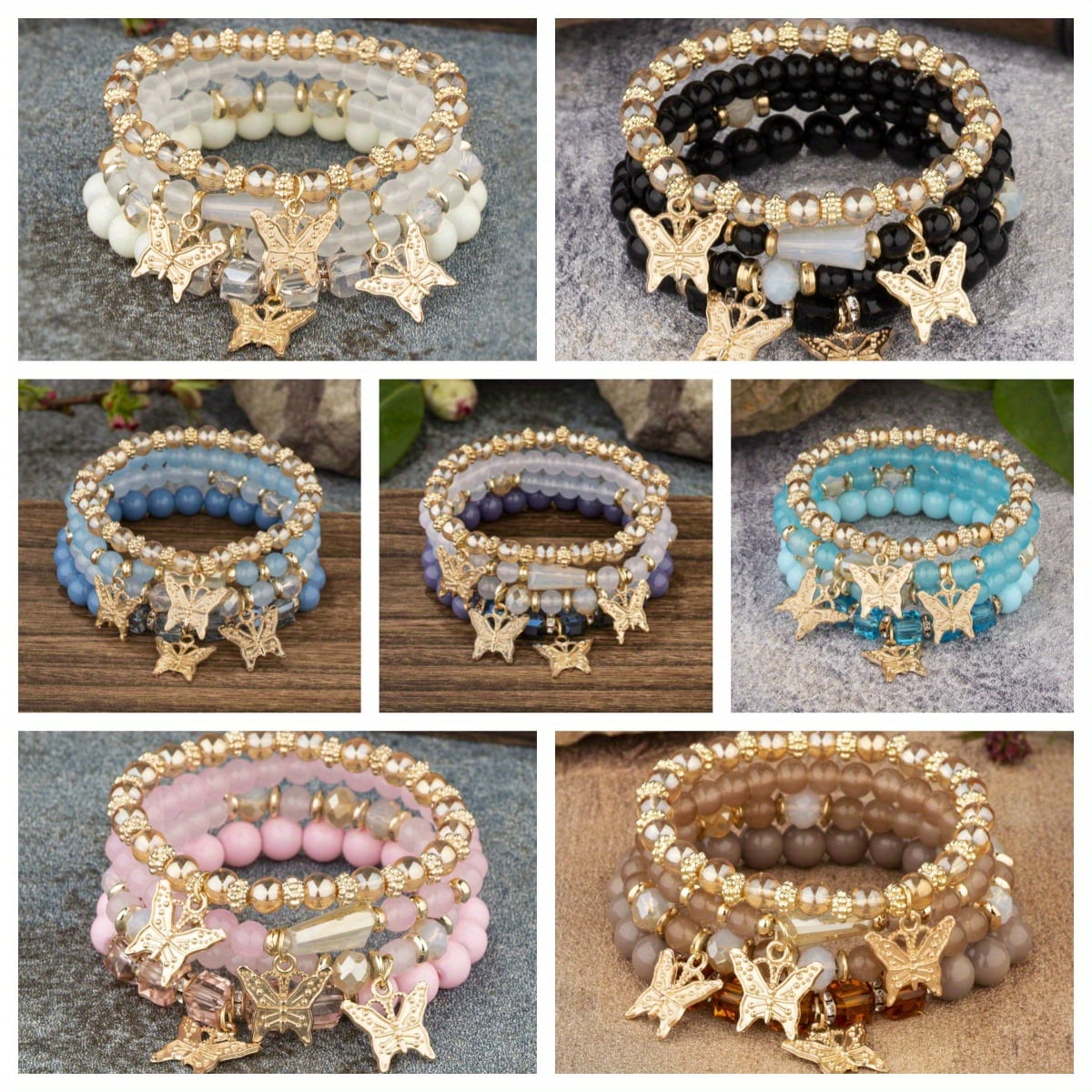 7sets (total 28PCs) bohemian stretch multi-layer beaded bracelet set butterfly pendant bracelet ...
