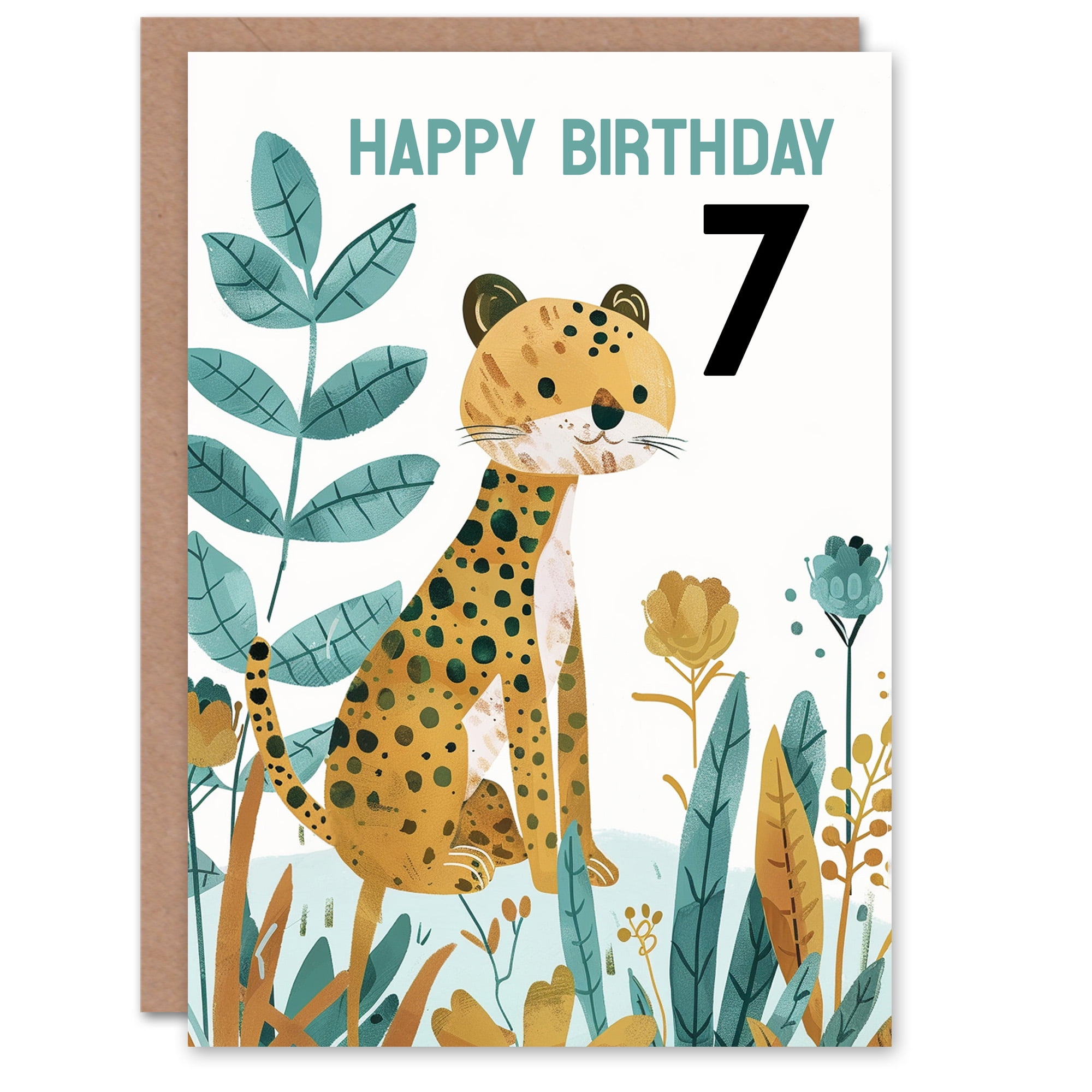 7th Birthday Card Cute Cheetah Jungle Plants Fun Kids Age 7 Year Old ...