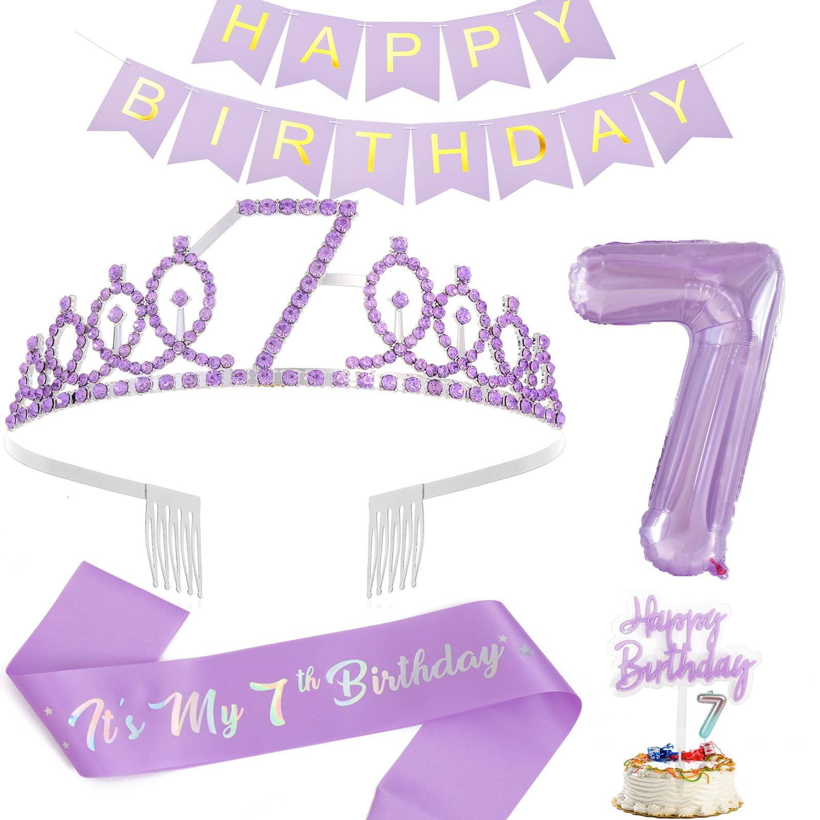7th Birthday Decorations for Girls, Including Purple Birthday Sash and Tiara, Birthday Candles ...