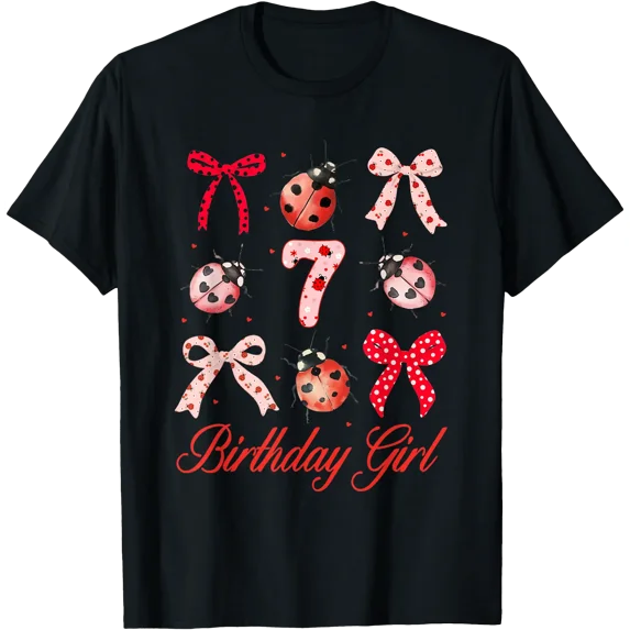 7th Birthday Girl Ladybug Preppy Bow 7 Year Old Aesthetic T-Shirt ...