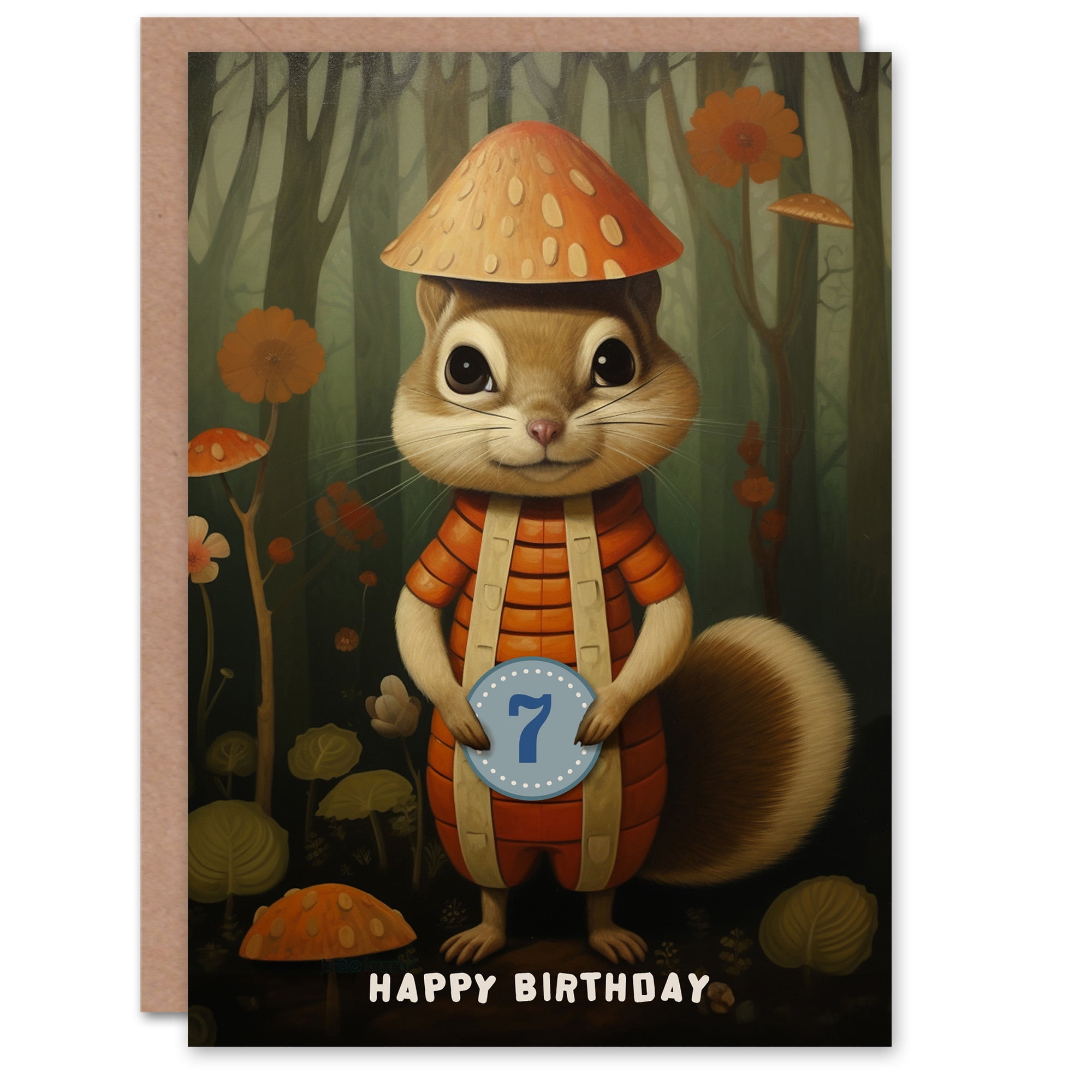 7th Birthday Greeting Card Squirrel Mushroom Woodland Kids Age 7 Year ...