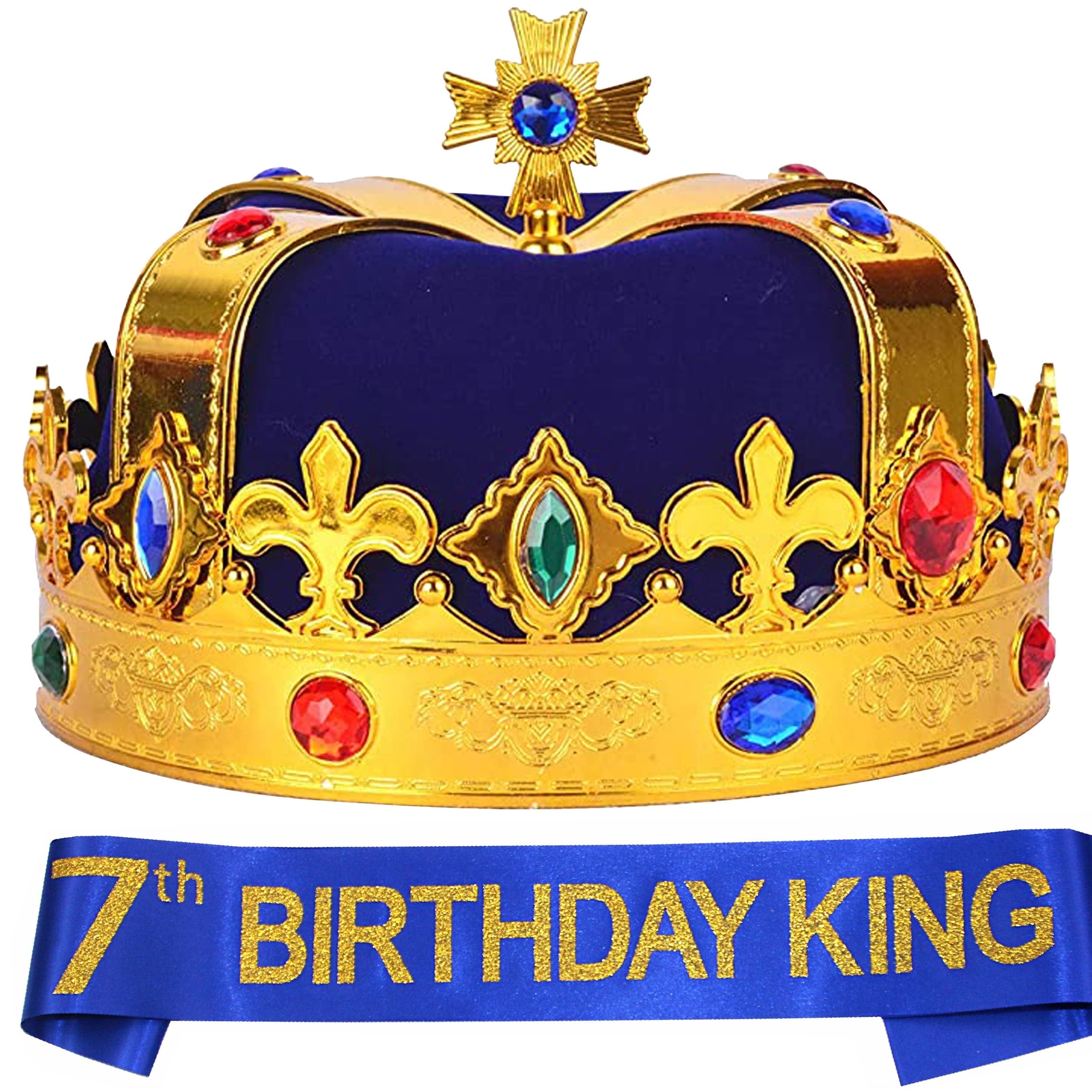 7th Birthday King Crown and Sash Set for Boys - Royal Gold and Blue ...