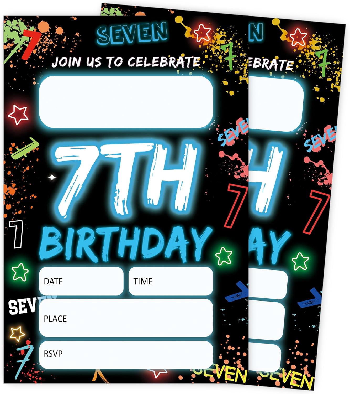 7th Birthday Party Invitations for Boys Girls, Blue Glitter Graffiti ...