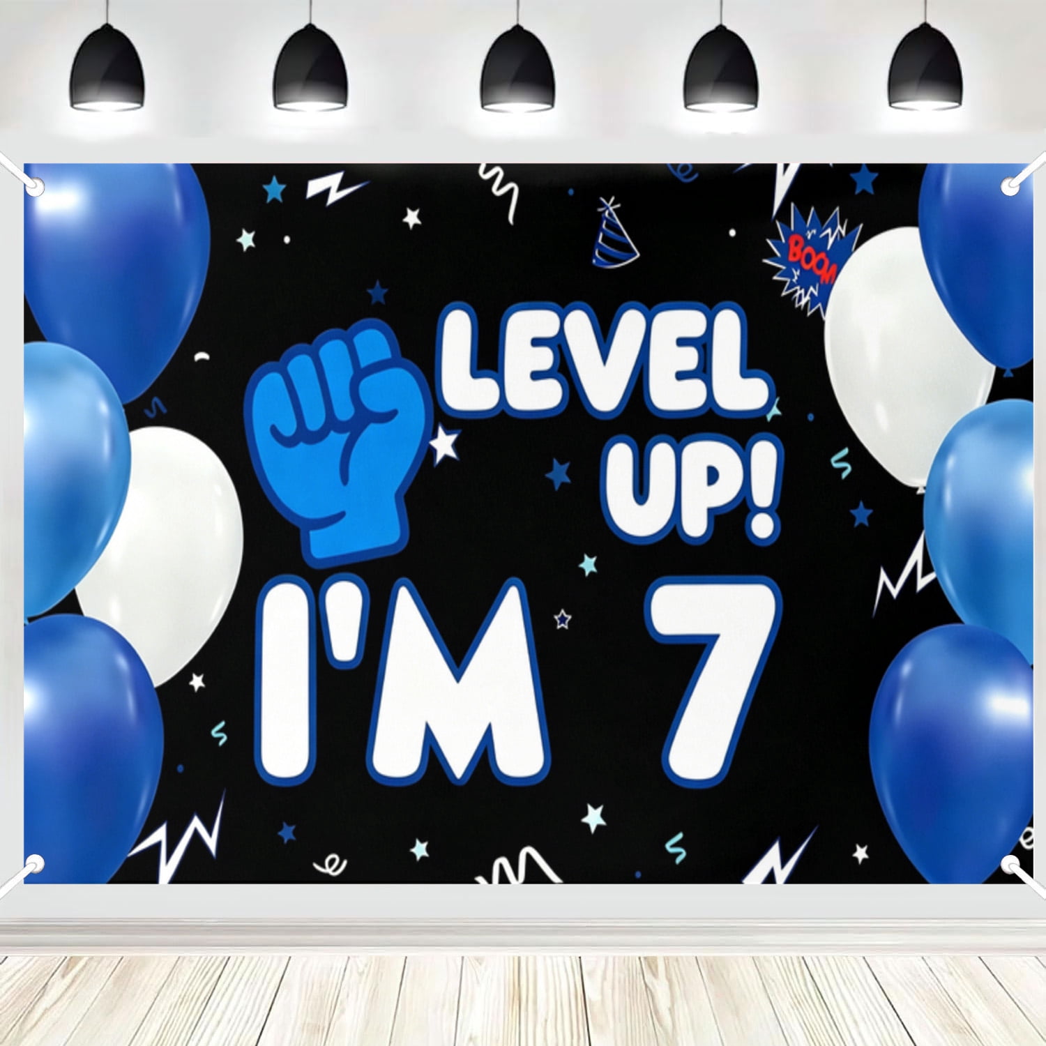 7th Birthday Polyester Backdrop, Black Blue Gaming Style Party Photo ...