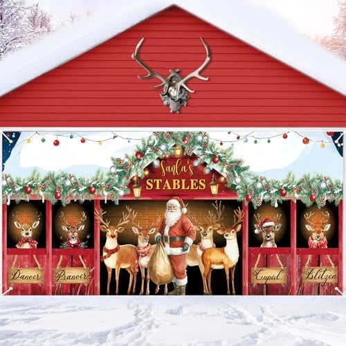 7x16 FT Christmas Garage Door Banner Decorations Santa Claus Reindeer ...