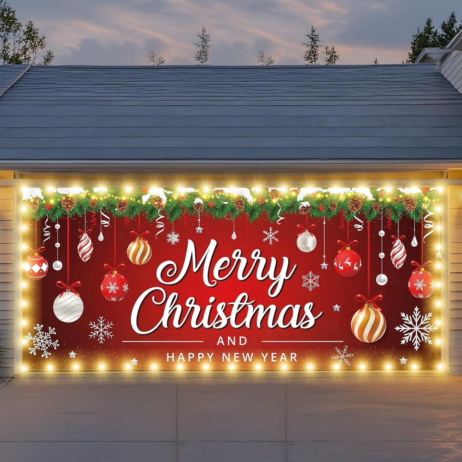 7x16ft Christmas Garage Door Cover with LED String Lights, 2025 Large ...