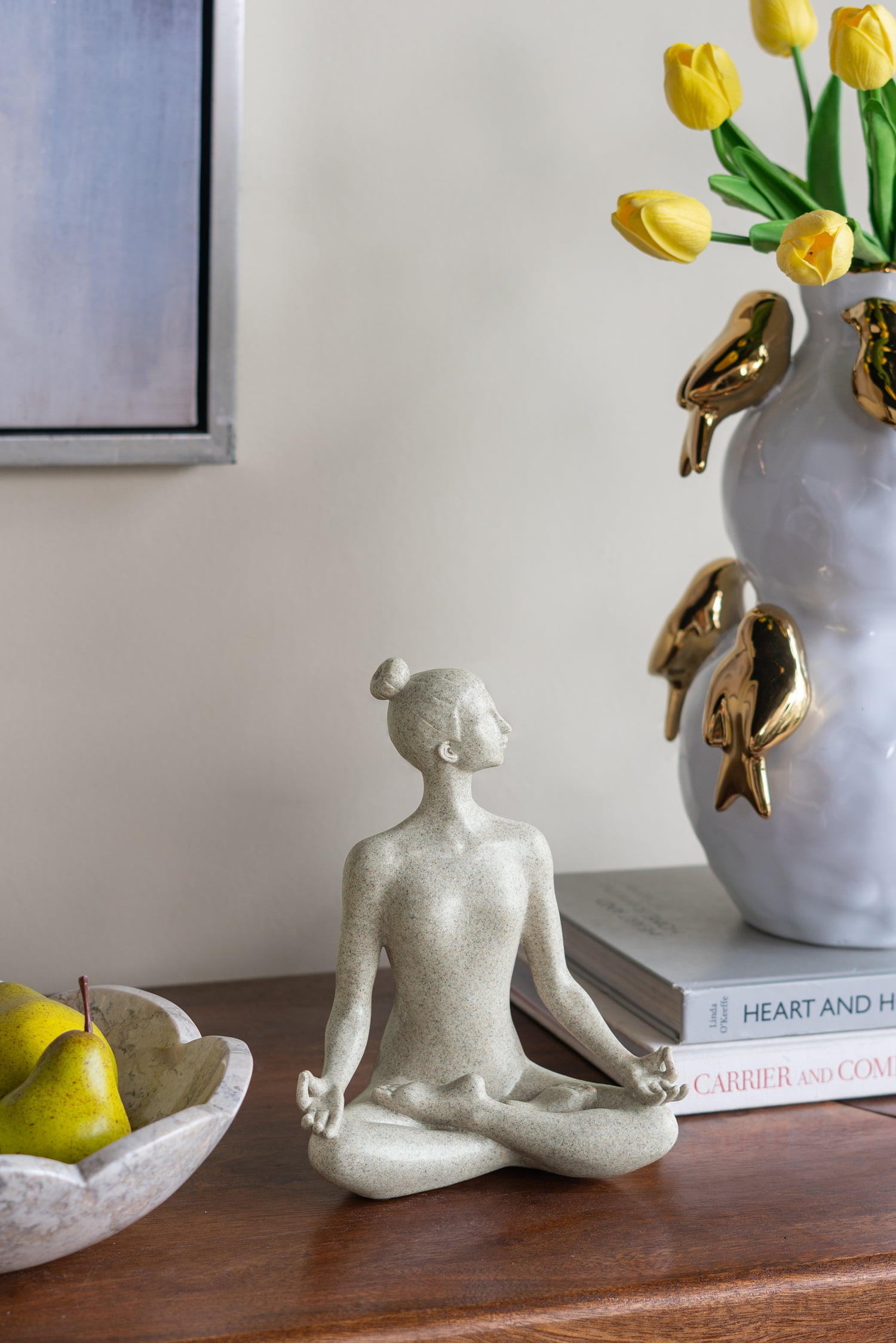7x4x9" Beige Resin and Stone Yoga Figurine in Cross-Legged Pose ...