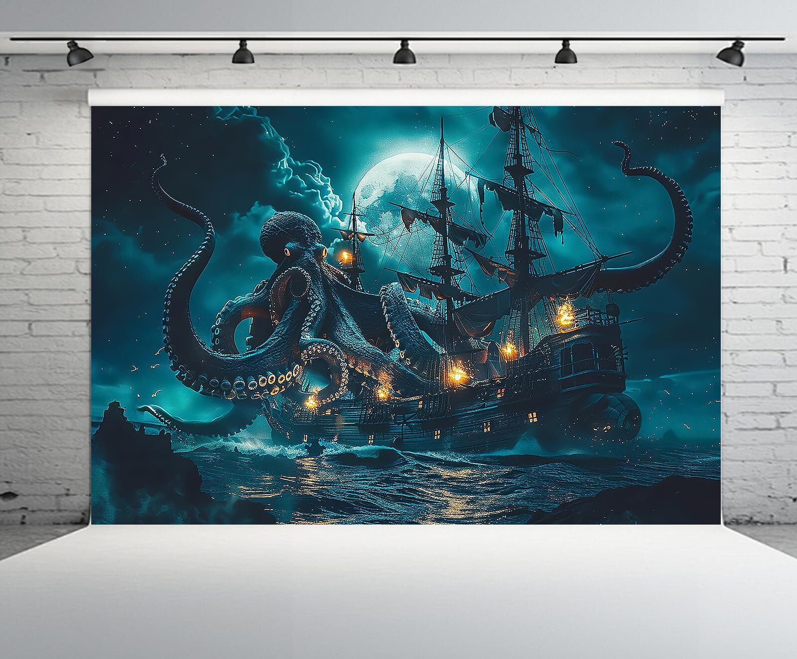 7x5 FT Halloween Pirate Ship Backdrop with Kraken Monster and Full Moon ...