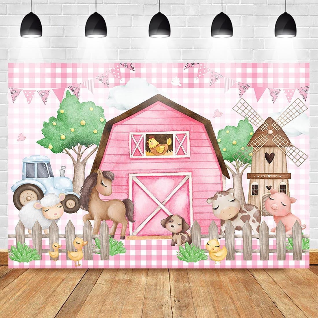 7x5 Farm Animals Backdrop Pink Farm Birthday Backdrop Watercolor Barn ...