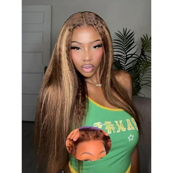 7x5 Glueless Highlight Kinky Straight Wig Human Hair 4/27 Color Pre Cut ...