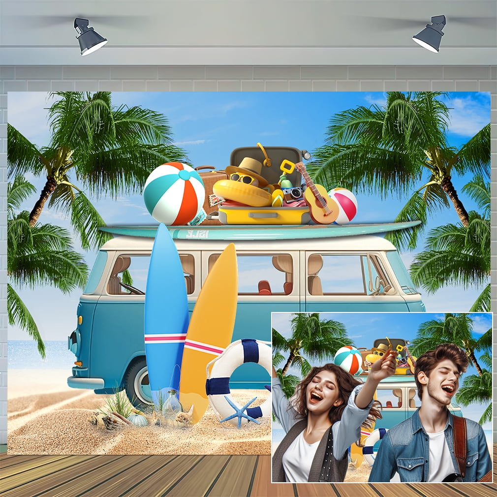 7x5 ft Hawaiian Beach Backdrop, Blue Caravan Travel Summer Seaside ...