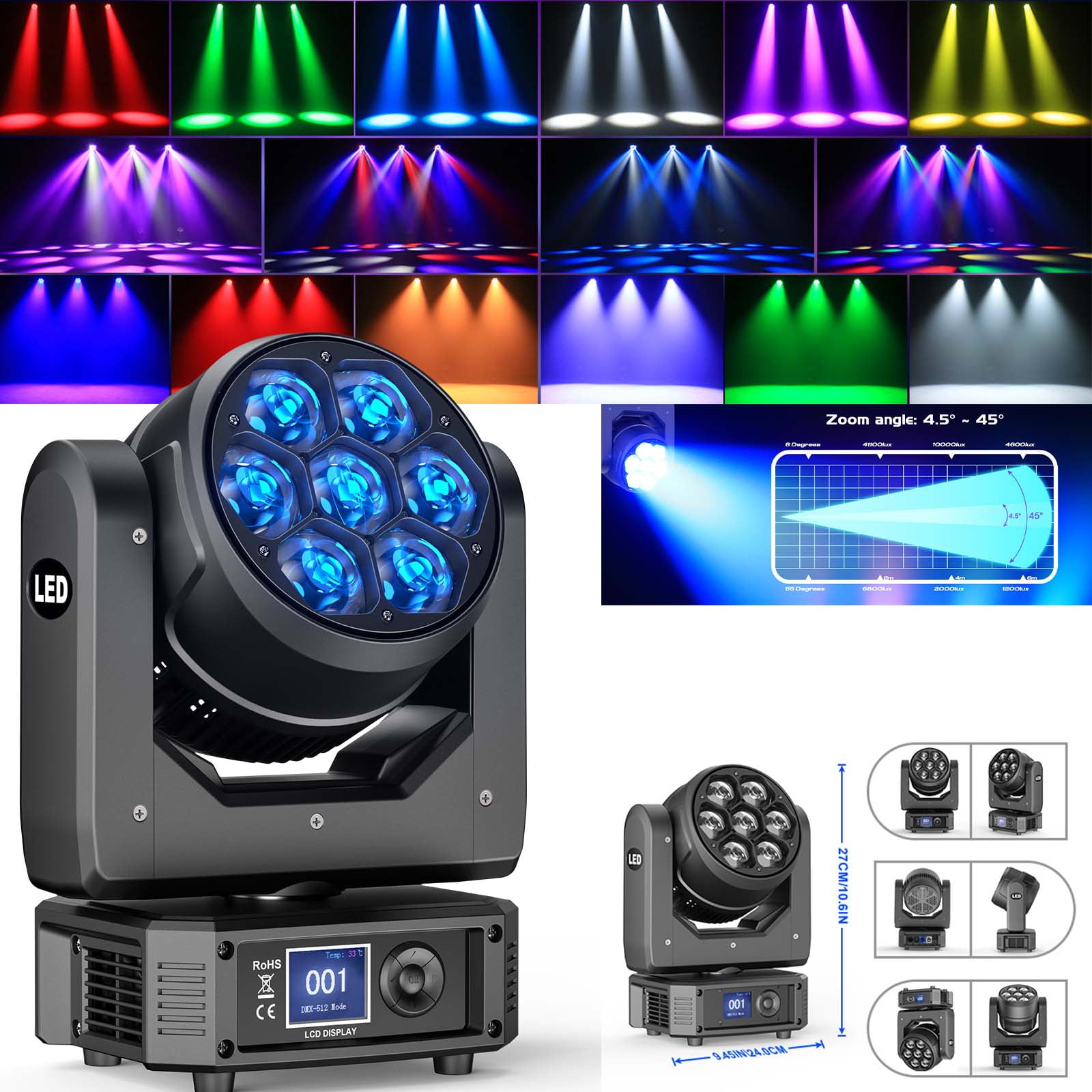 7x50W LED Zoom Moving Head Stage Light RGBW DMX Beam Wash Lighting DJ ...