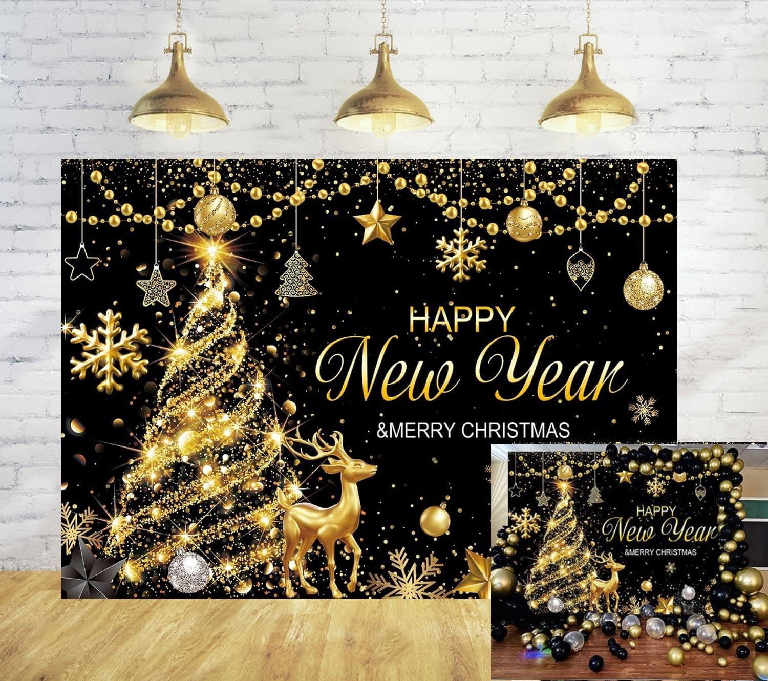 7x5FT 2025 Happy New Year's Eve Backdrop Black and Gold Backdrop Merry ...