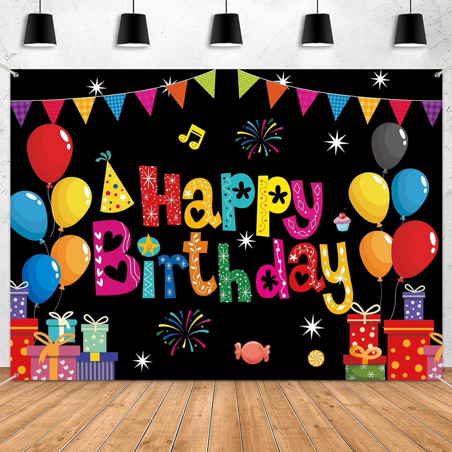 7x5FT Black Happy Birthday Backdrop Cartoon Style Background Banner for ...