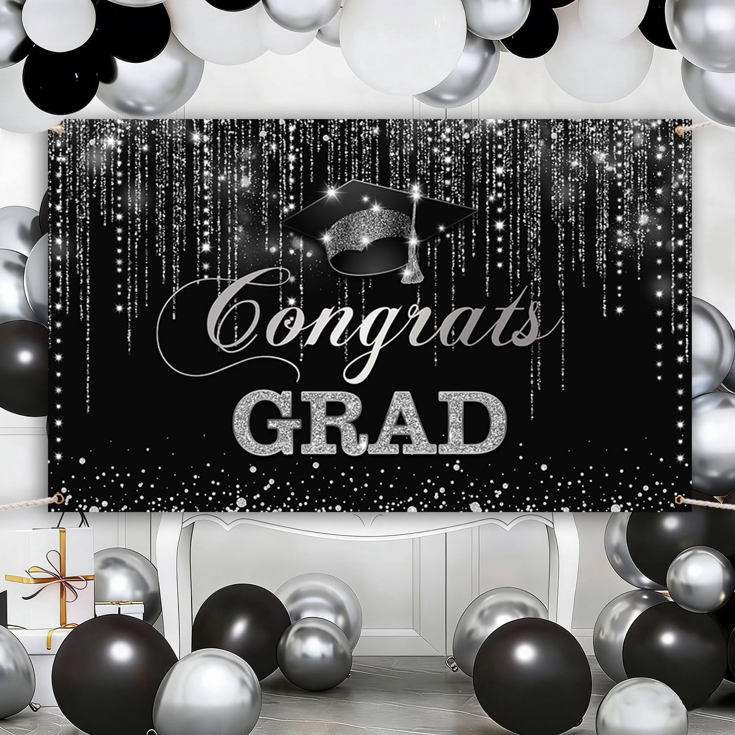 7x5FT Black and Silver Congrats Grad Backdrop Class of 2026 Graduation ...