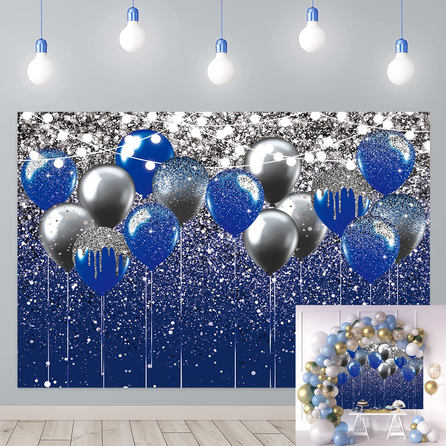 7x5FT Blue Backdrop Blue Silver Black Balloon Sequin Photography ...