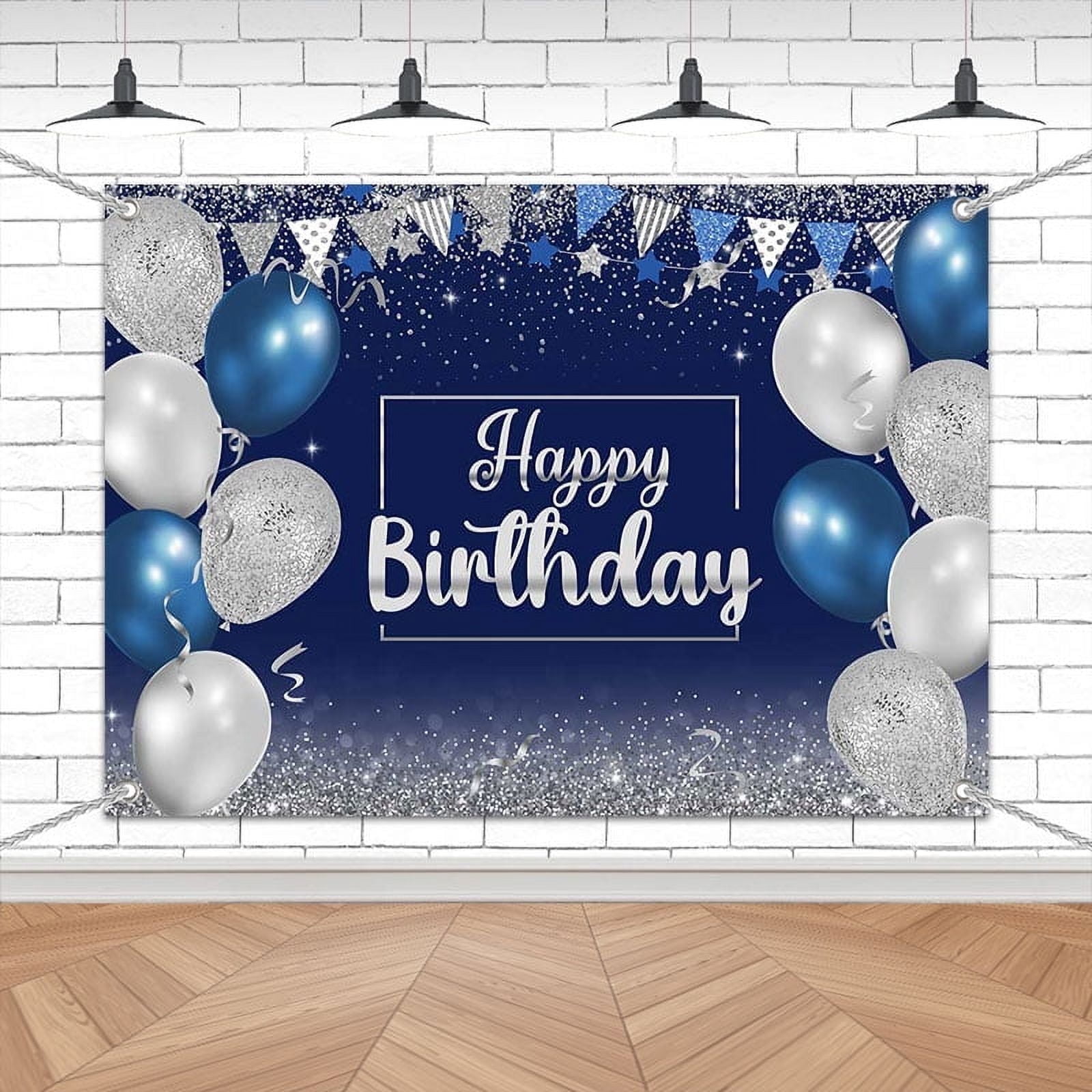 7x5FT Blue and Silver Sparkling Balloon Happy Birthday Backdrop for Party Decorations ...
