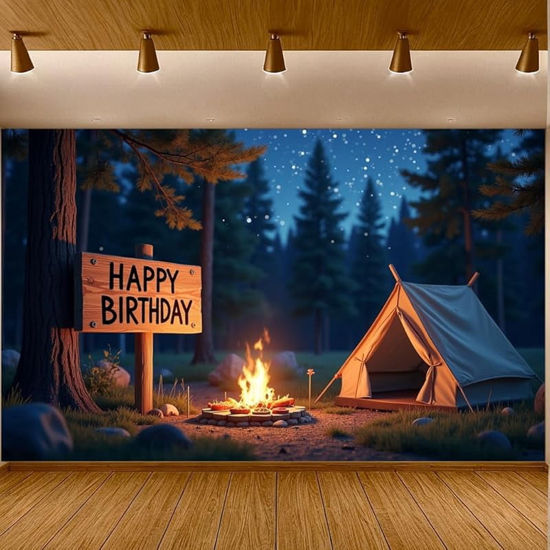 7x5FT Camping Theme Birthday Backdrop Decorations Campsite Happy ...