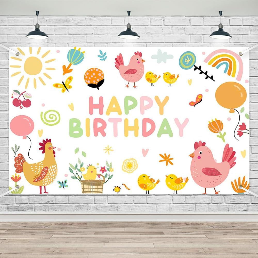 7x5FT Chicken Theme Happy Birthday Party Backdrop Happy First Birthday ...