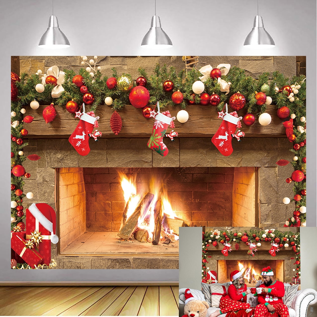 7x5FT Christmas Backdrop Christmas Fireplace Backdrop Santa Claus Sock Gifts New Year Photo ...