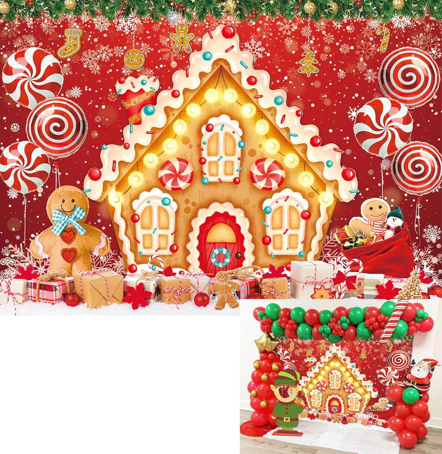 7x5FT Gingerbread House Candy Backgdrop Snowflake Red Background Vinyl ...