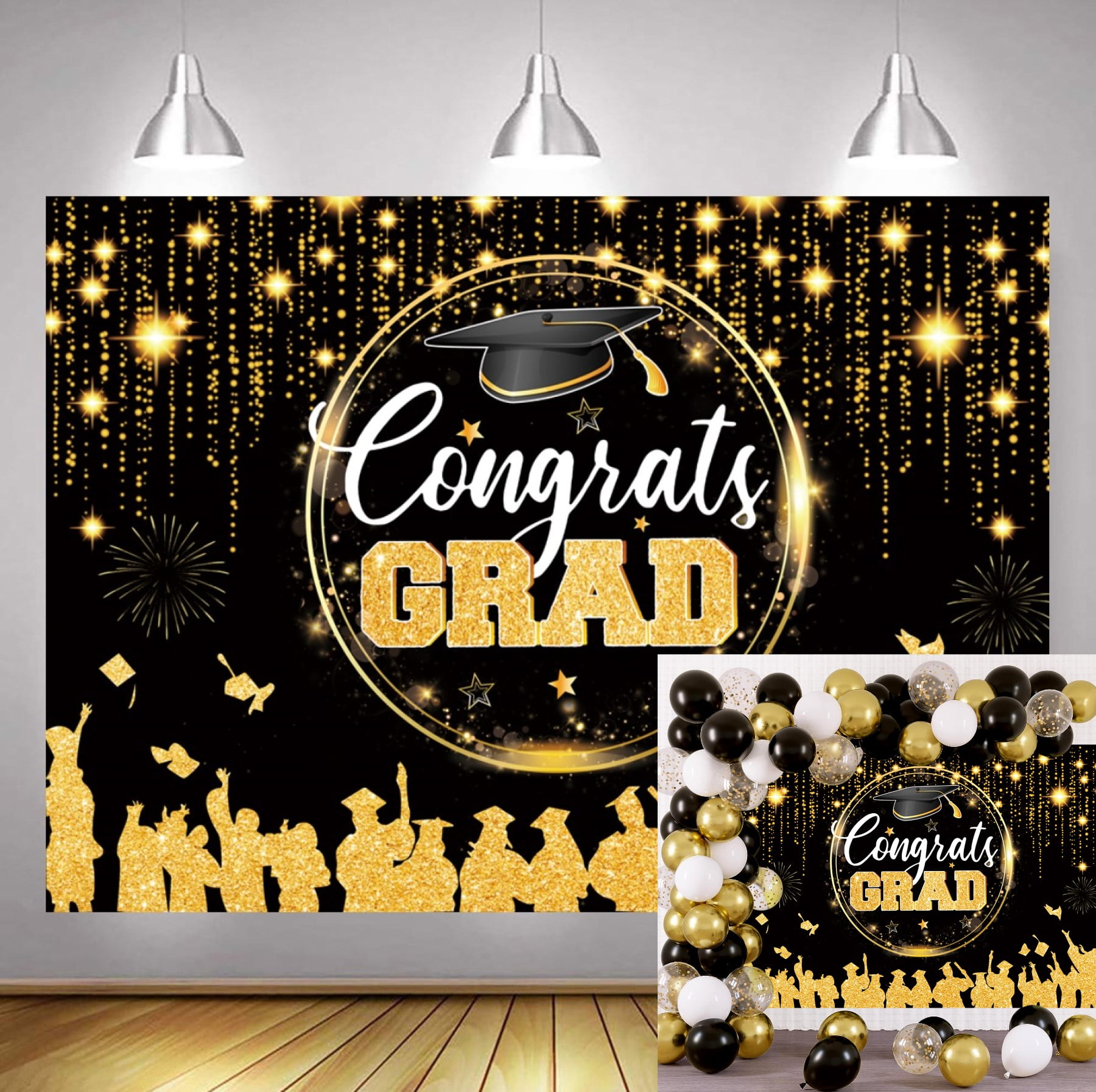 7x5FT Graduation Backdrop for Photography Prom Backdrop Black Gold ...