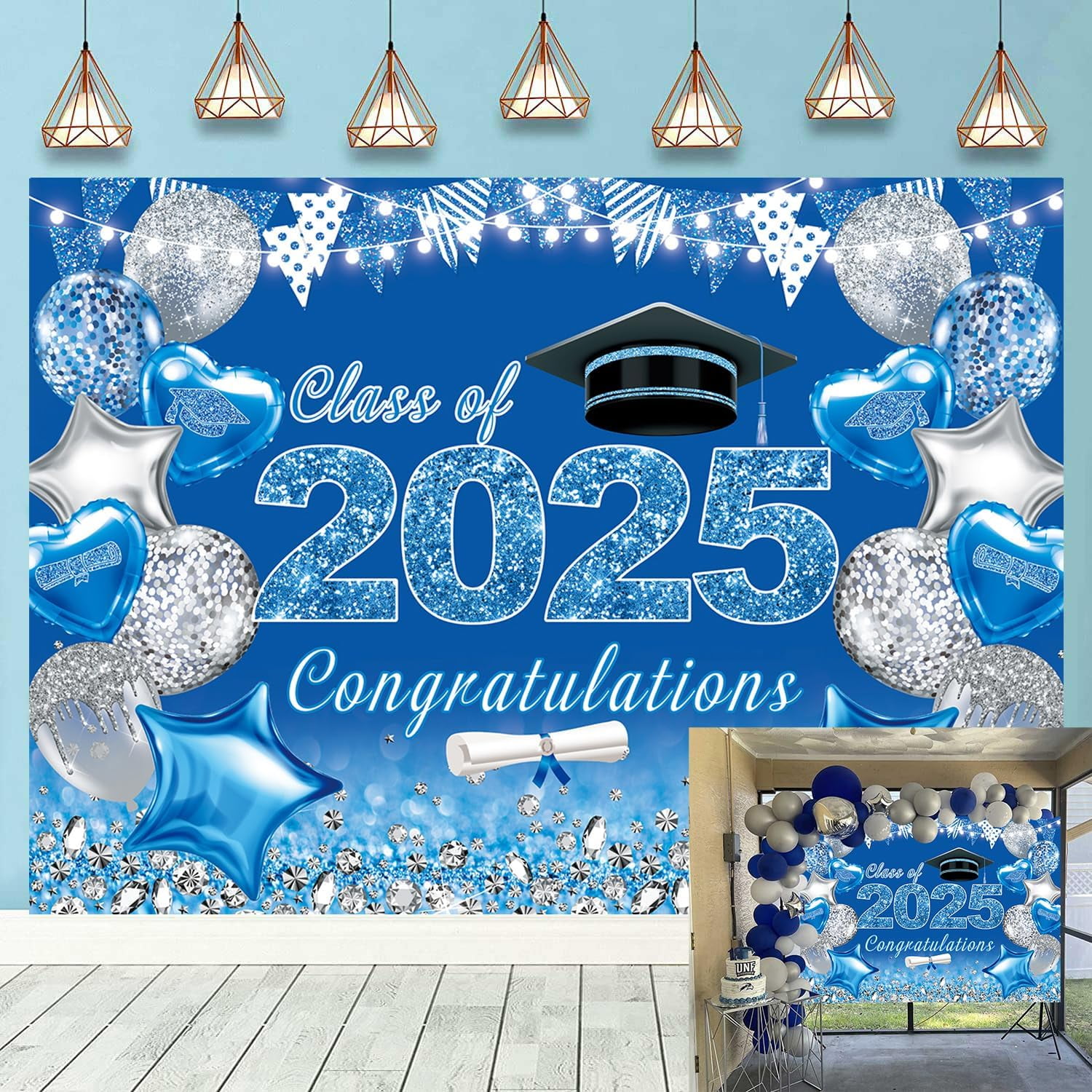 7x5FT Graduations Backdrop Blue Rose Gold Glitter Congrats Grad Party ...