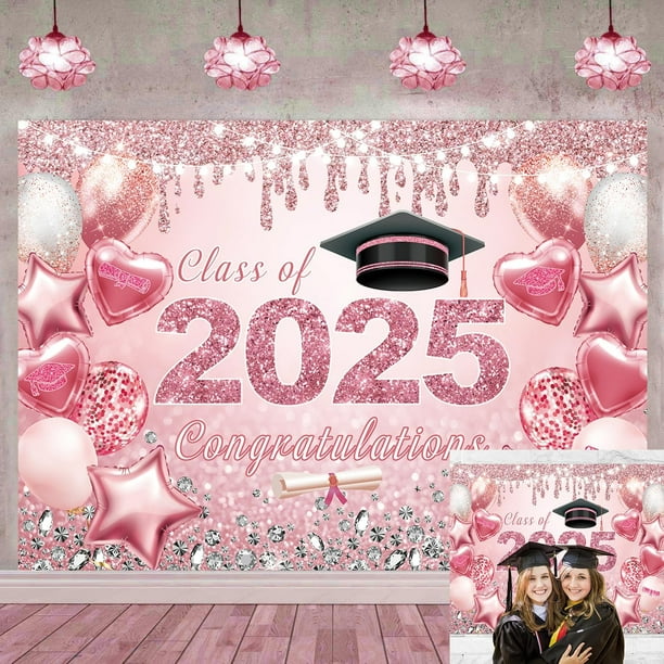 7x5FT Graduations Backdrop Pink Rose Gold Glitter Congrats Grad Party ...