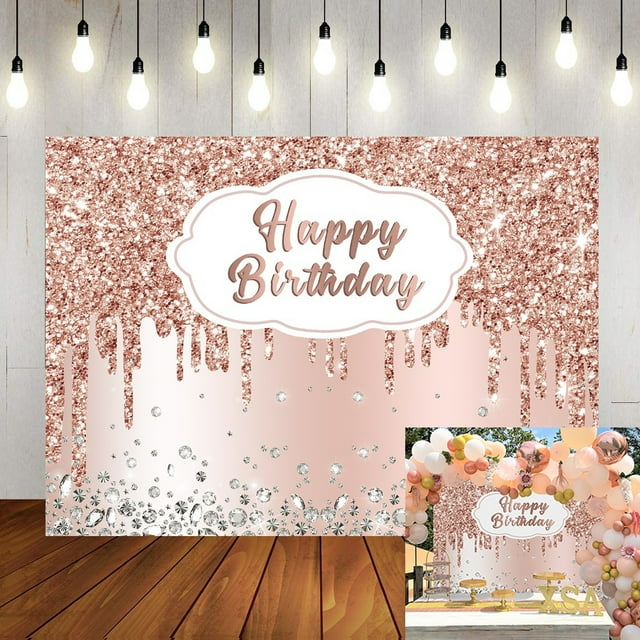 7x5FT Happy Birthday Backdrop Pink Backdrop Pink Rose Golden Birthday ...