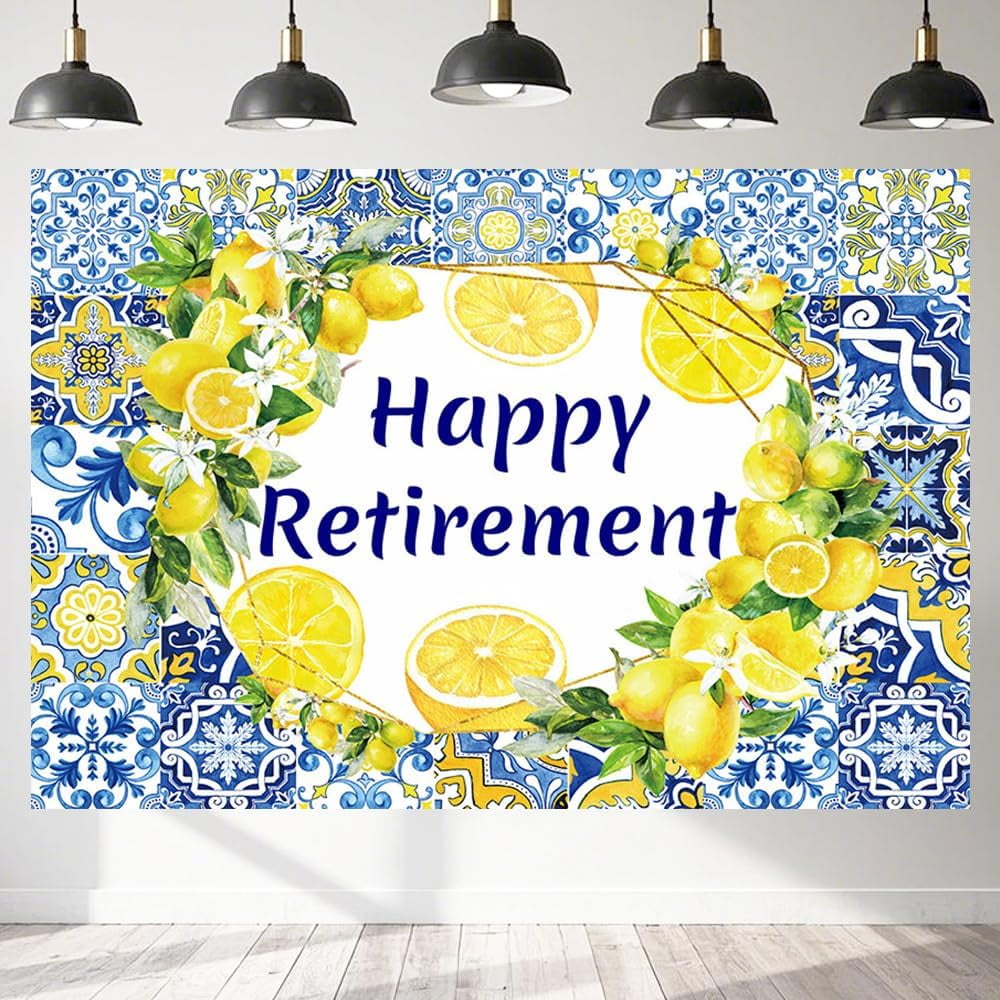 7x5FT Happy Retirement Backdrop Blue Tiles Lemon Blue Tiles Morocco ...