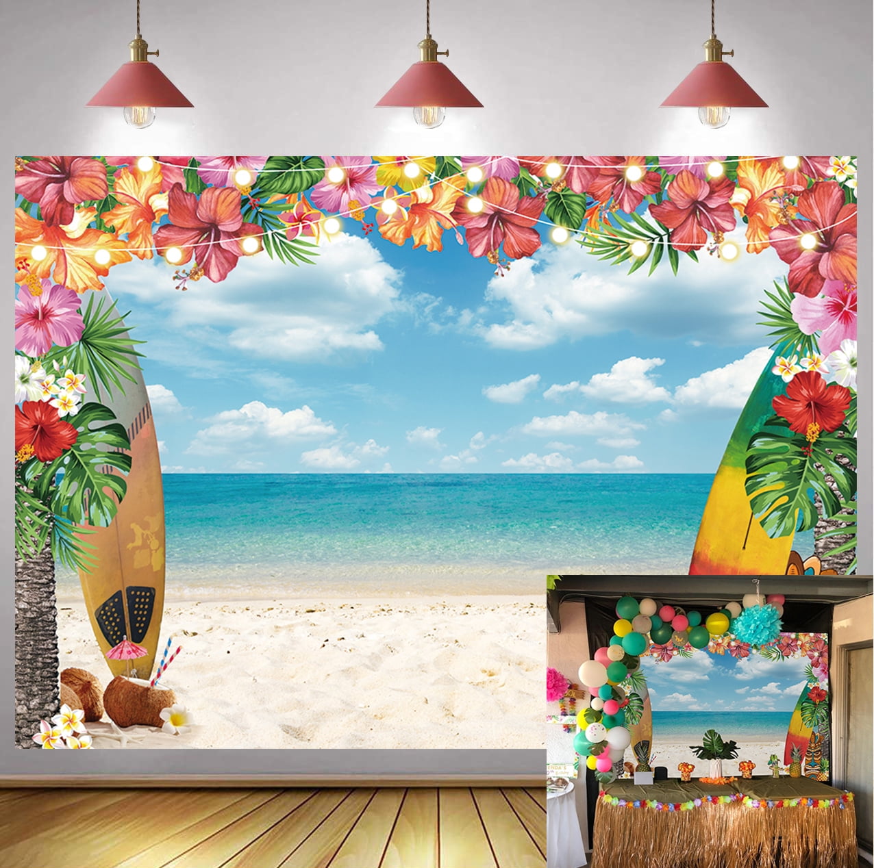 7x5FT Hawaii Backdrop Summer Tropical Beach Backdrop Flowers Blue Sky ...