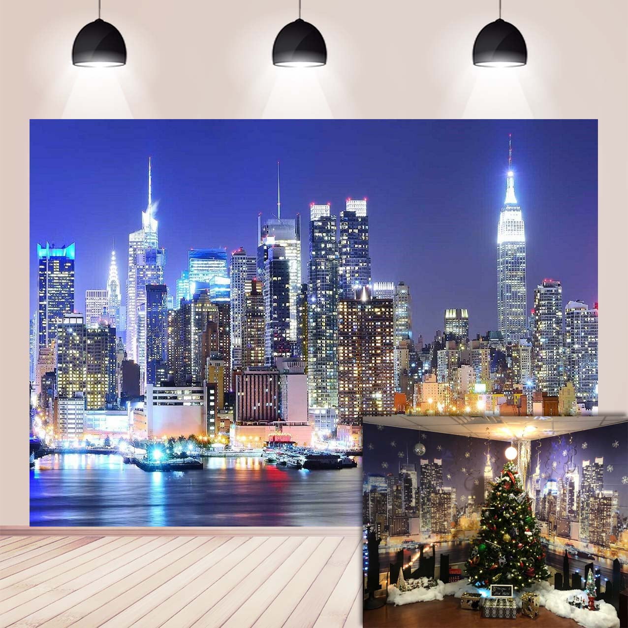 7x5FT New York City Backdrop Manhattan Night Scene Skyscraper Urban Light Skyline Background for ...
