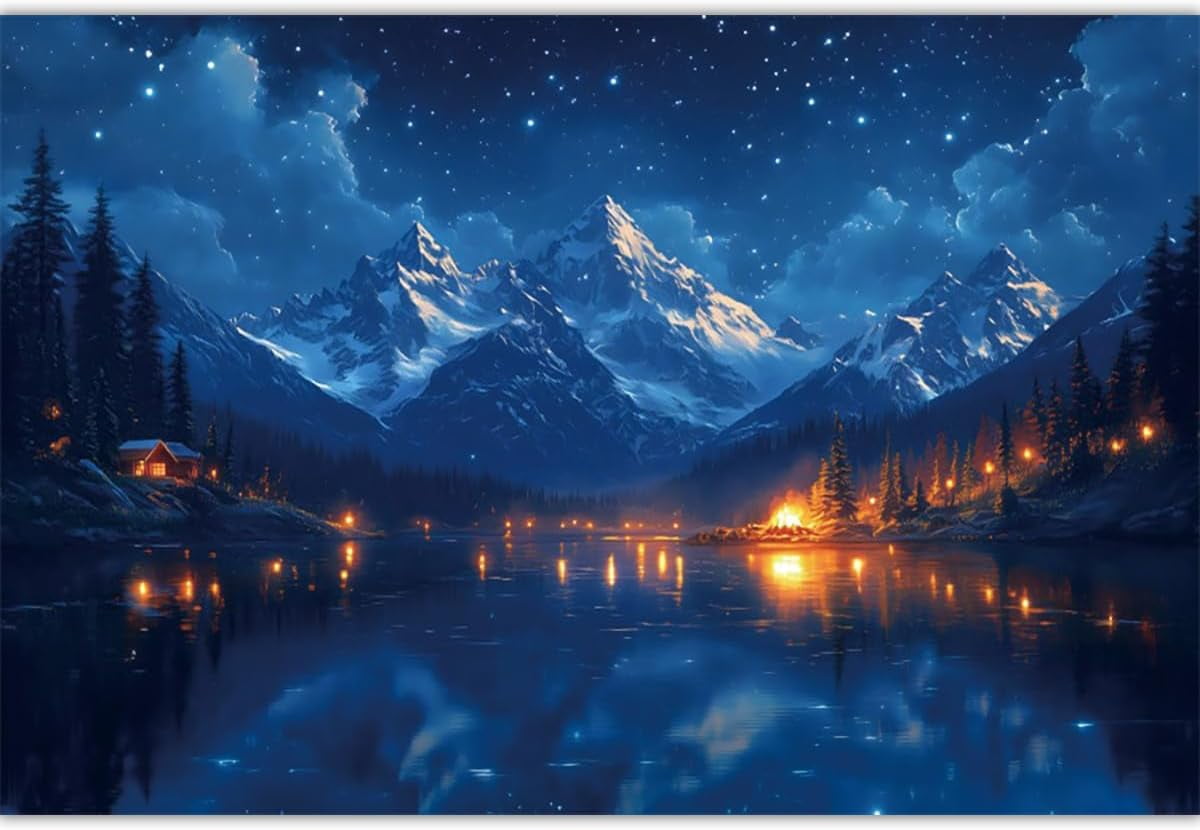 7x5FT Outdoor Night Scene Backdrop, Snow Mountain Forest Village ...
