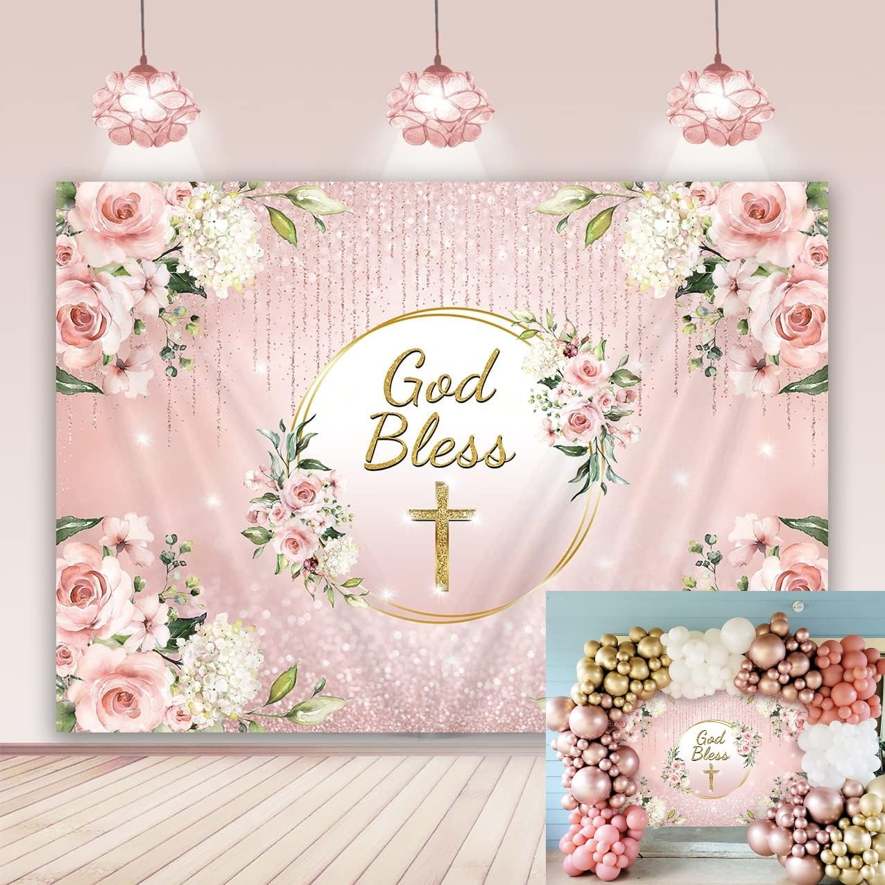7x5FT Pink God Bless Backdrop Girl Baptism Party First Holy Communion ...
