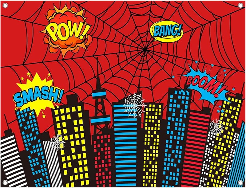 7x5FT Red Superhero Cityscape Backdrop, Spider Web Skyline Buildings ...